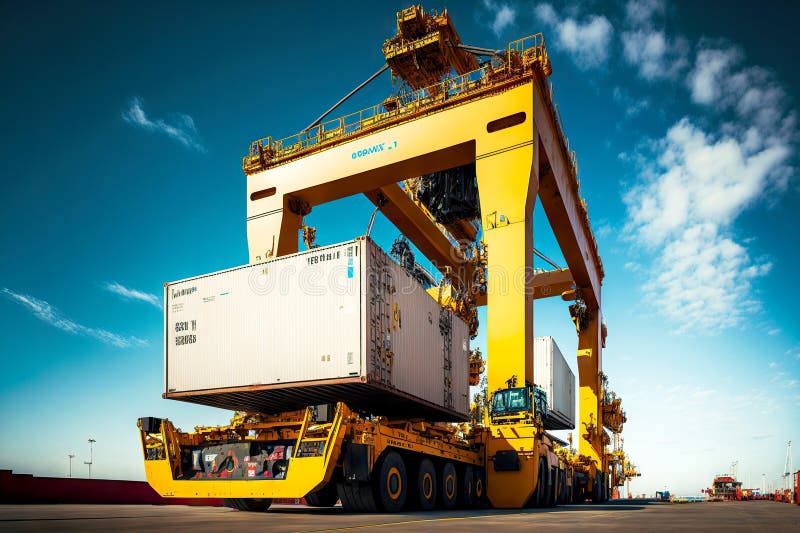 Large Crane Loader Working and Delivering Container To Cargo Port Stock ...