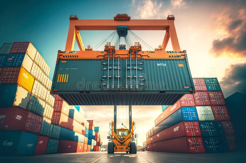 Large Crane Loader Working and Delivering Container To Cargo Port Stock ...