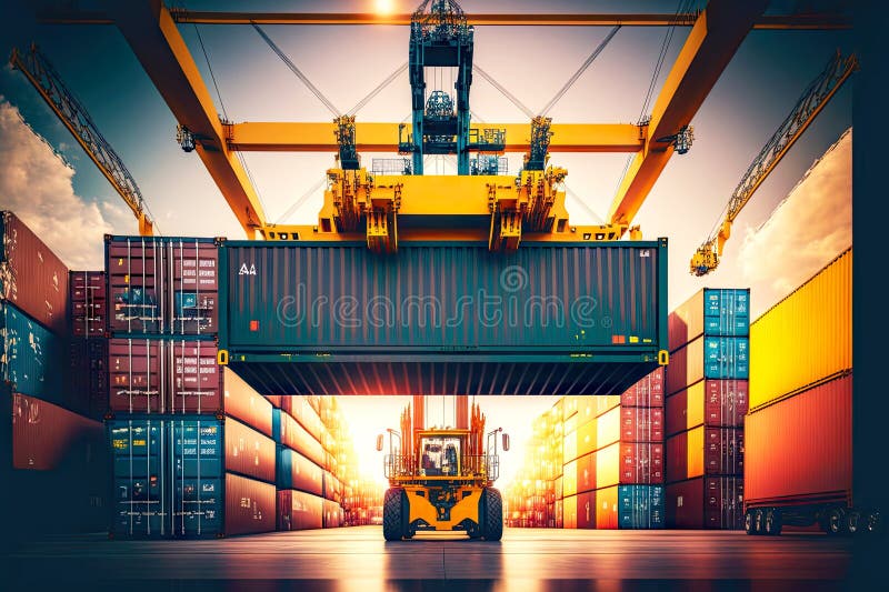 Large Crane Loader Working and Delivering Container To Cargo Port Stock ...