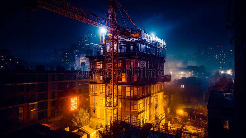 Large Crane on Top of Building at Night. Generative AI Stock ...
