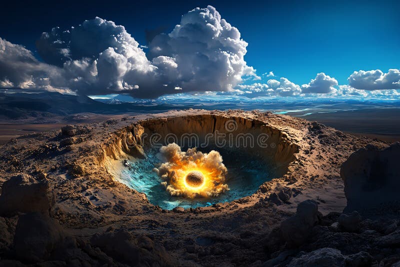 A Large Crater in the Desert with a Bright Explosion at the Bottom. the ...