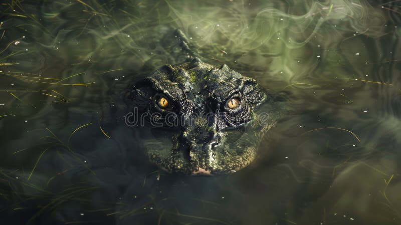 Sinister Crocodile with Piercing Yellow Eyes Lurking in the Shadowy Depths, Poised To Attack ...
