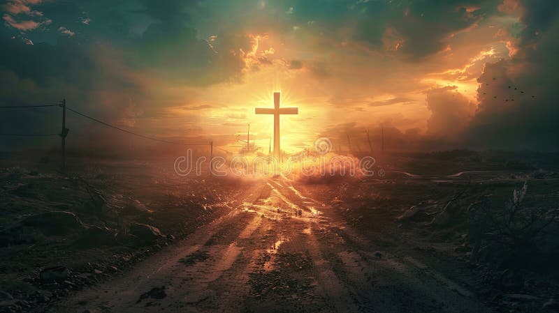Large Cross Illuminated by a Golden Sunset, Set in a Desolate ...