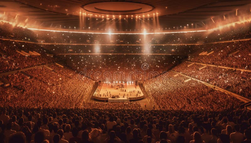 Large Crowd Cheers As Rock Band Performs in Illuminated Stadium ...