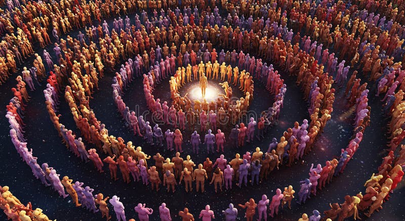 A Large Crowd of Colorful Human Figures Forms Concentric Circles Around ...