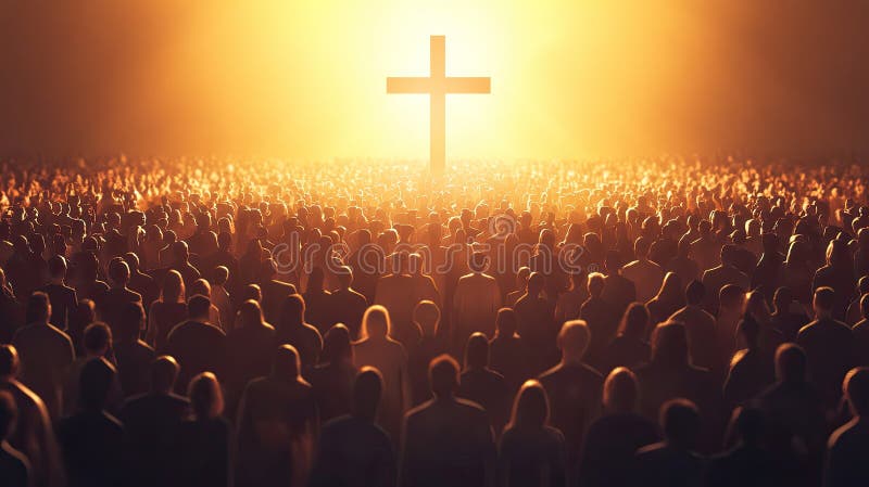 Large Crowd Gathered Under Shining Cross at Sunset Stock Illustration ...