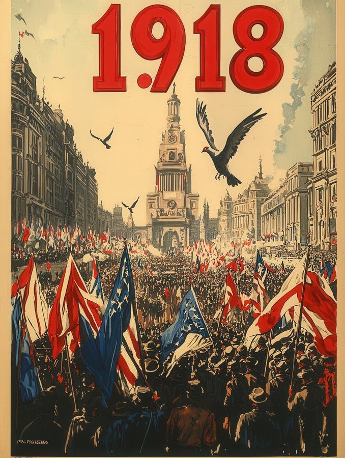 Historic Celebration in 1918 with a Large Crowd and Flags in a City ...