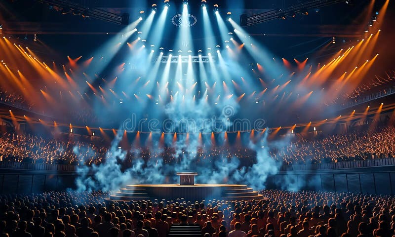Large Crowd at an Indoor Event with Stage Lighting and Smoke Stock ...