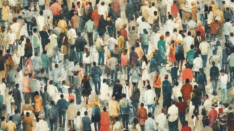 A Large Crowd of People from Behind, Painted in a Semi-realistic Style ...