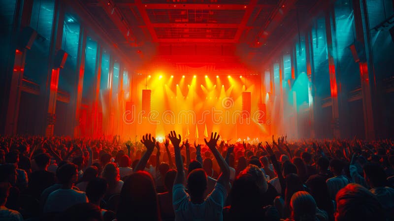 A Large Crowd of People at a Concert with Their Hands Up in the Air ...