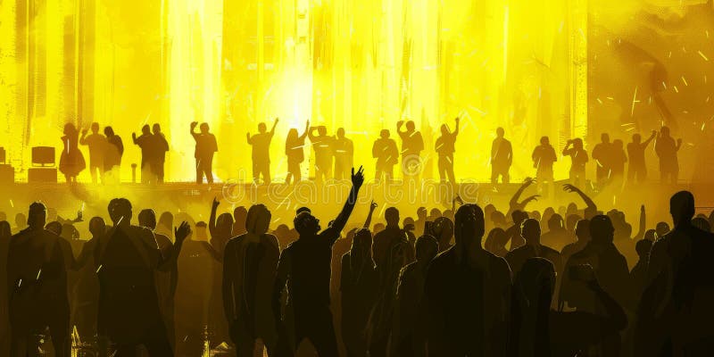 Excited Crowd Standing in Front of Vibrant Yellow Light Stock ...
