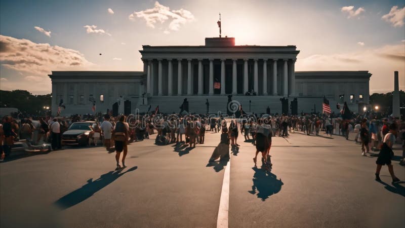 Crowd Gathered in Front of a Large Building with a Sunset in the ...