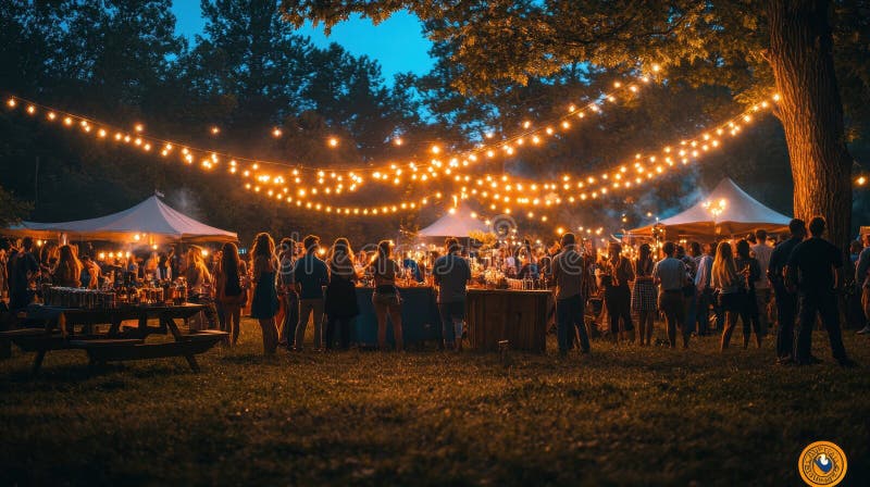 A Large Crowd of People Has Gathered Together Under a Bright String of ...