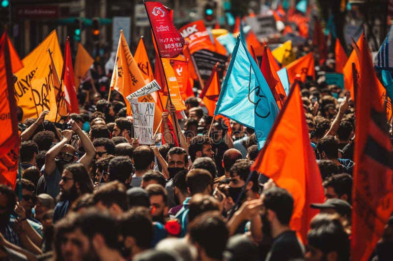 Large Crowd of People Protesting in the Street with Flags and Signs ...