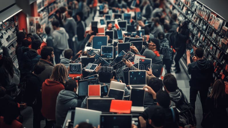 A Large Crowd of People Shopping for Laptops in a Busy Electronics ...