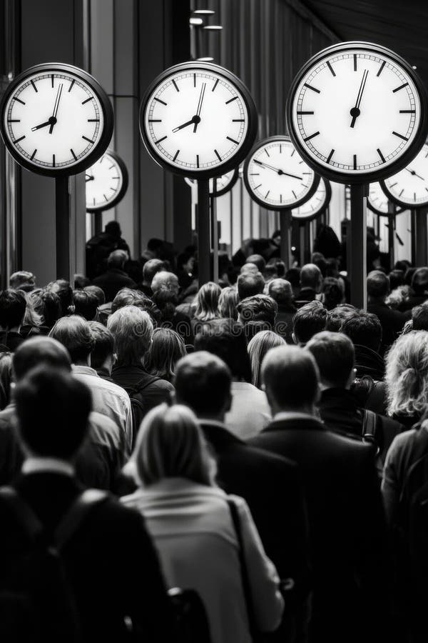 Large Crowd of People Under Clocks in Urban Setting Stock Photo - Image ...