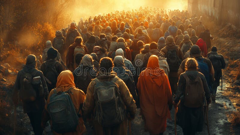 A Large Crowd of People Walking Towards a Bright Light at the End of a ...