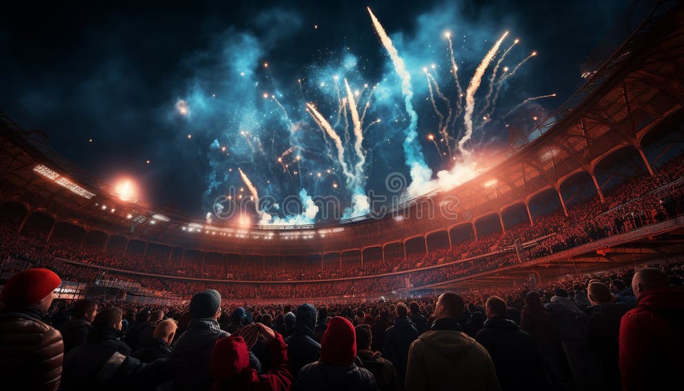 Large Crowd of Spectators at a Night Performance, Illuminated Stage ...