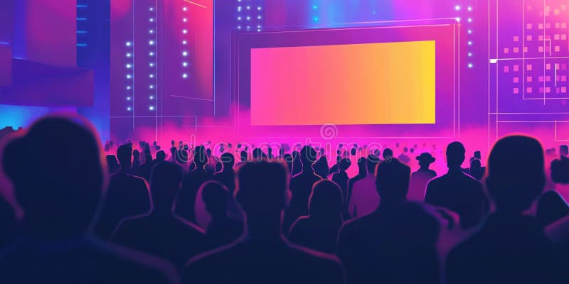 Large Crowd at Vibrant Neon Concert Event or Presentation with Big ...