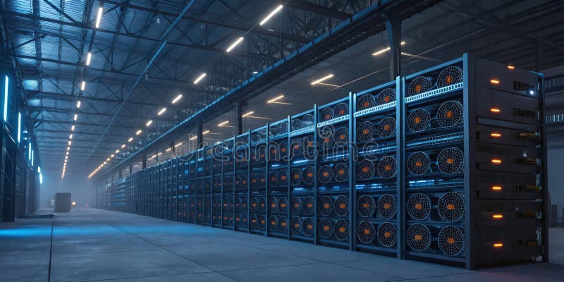 Large Cryptocurrency Mining Facility Illuminated by Artificial Light in ...