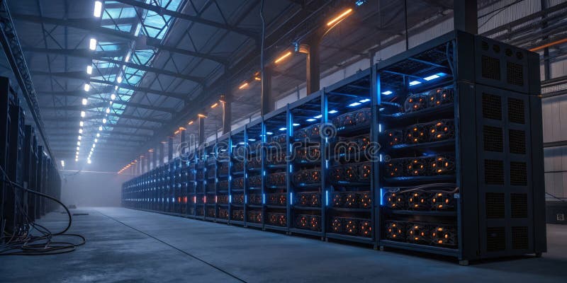 Large Cryptocurrency Mining Facility Illuminated by Artificial Lights ...