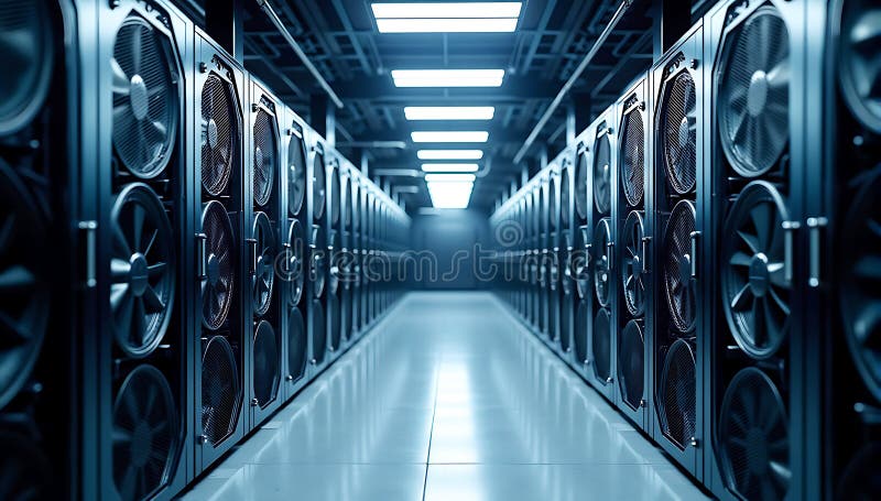 A Large Cryptocurrency Mining Farm Filled with Rows of Mining Rigs and ...