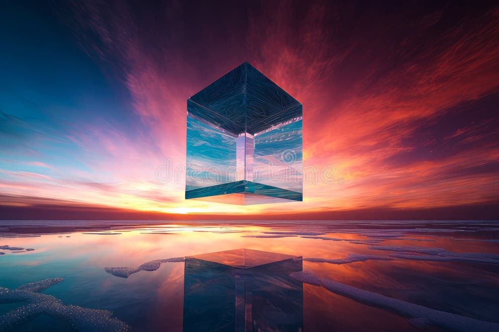 Large Cube is Floating in the Water at Sunset or Sunrise. Generative AI ...