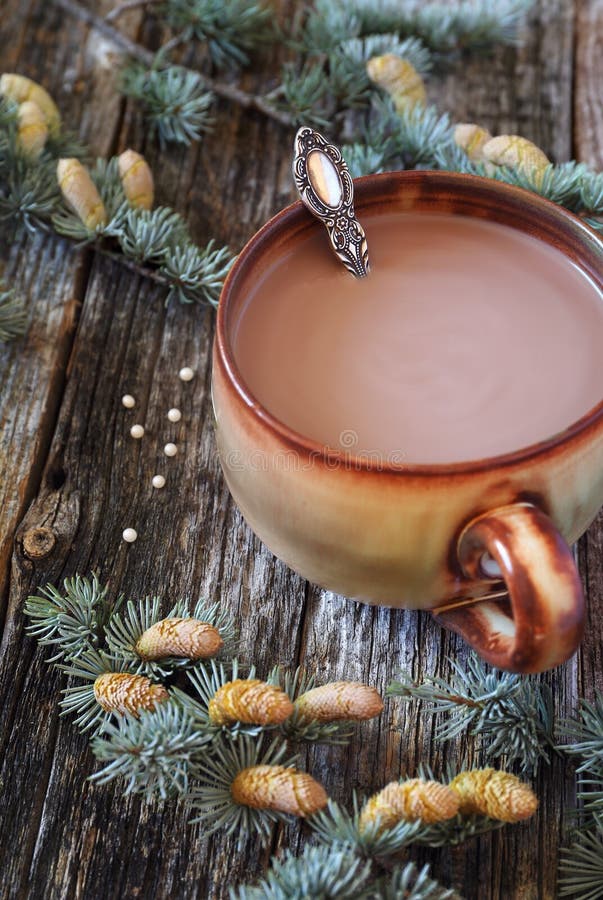 Large Cup of Cocoa and Pine Branches Stock Photo - Image of wooden ...
