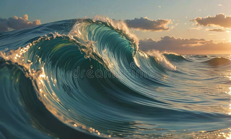 Large, Curling Wave Breaks Against Backdrop Sunset Sky, with the Sun S ...