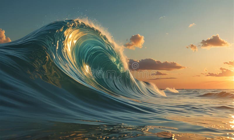 Large, Curling Wave Breaks Against Vibrant Sunset Sky, with the Sun ...