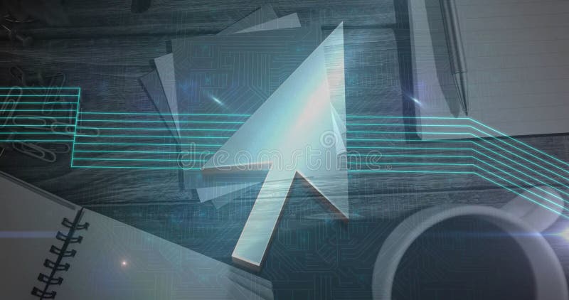 Large Cursor Image Over Office Desk with Papers and Coffee Cup Stock ...
