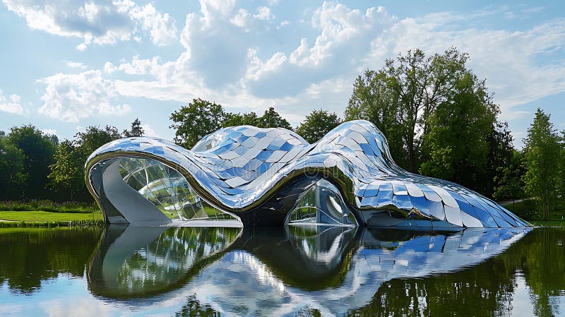 A Large, Curved Building with a Lot of Windows is Reflected in the ...