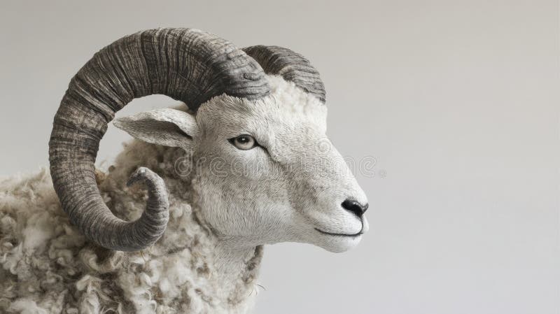 Large Curved Horned Ram Showcases Textured Wool Against a White Studio ...