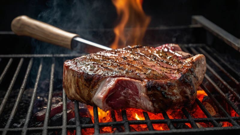 Large Cut of Meat, Roasted with a Grill, on a Grill, with Fire Stock ...