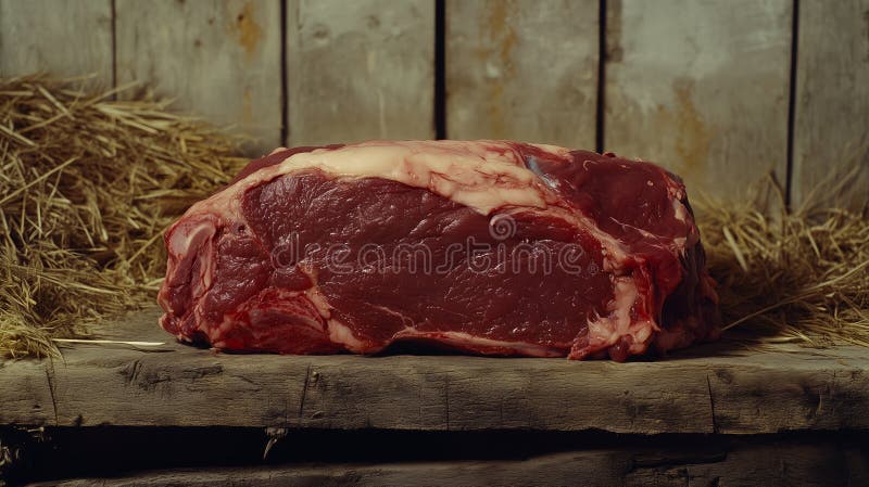 Large Cut of Raw Beef Resting on a Rustic Wooden Table Surrounded by ...