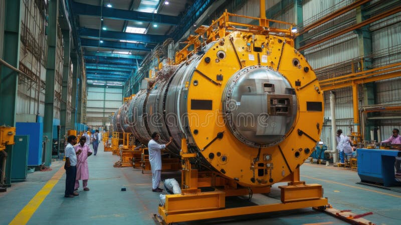 Large Cylindrical Machinery Under Assembly in a Factory Setting during ...