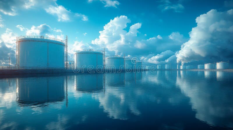 Large Cylindrical Storage Tanks Reflecting in Calm Water Under a Clear ...
