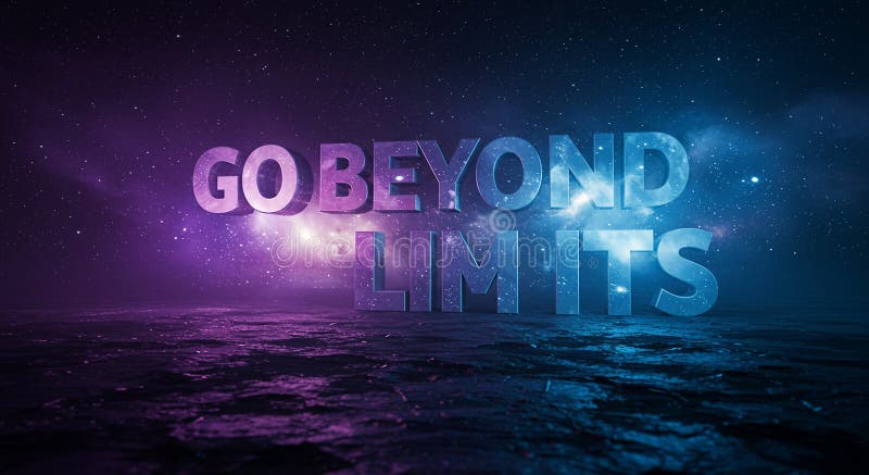 Large 3D Text Reading "GO BEYOND LIMITS" Stands on a Reflective, Rocky ...