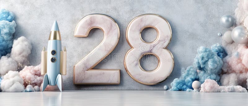 Large 3D White Numbers 28 with a Toy Rocket and Pastel Clouds Stock ...