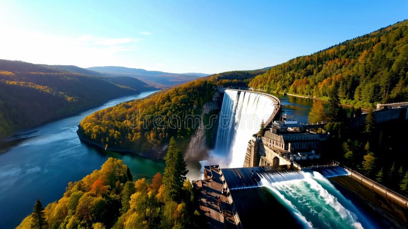Large Dam with Flowing Waterfall Surrounded by Lush Autumn Forest Stock ...