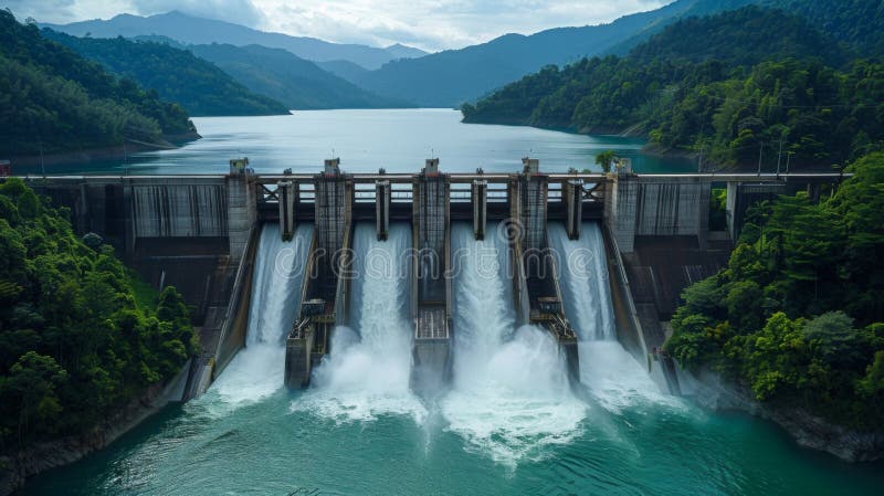 Dam Overflowing in Forested Mountains Stock Photo - Image of generation ...