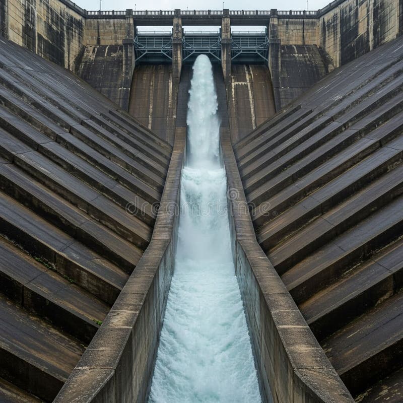 A Large Dam Structure with a Powerful Flow of Water Cascading Down a ...