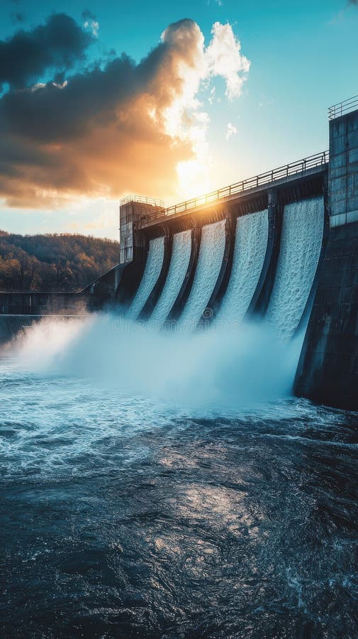 Large Dam with Water Cascading Over the Spillway into the River Below ...