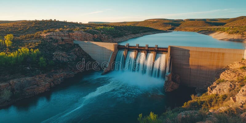 Large dam with waterfall stock image. Image of electricity - 379222635