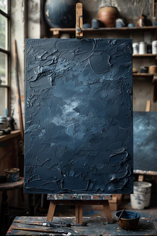A Large Dark Blue Canvas Painting on an Easel in a Room Stock Image ...