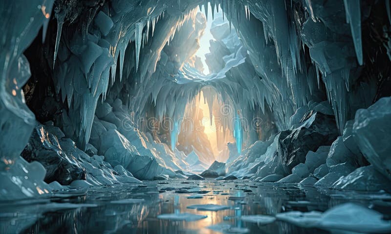 A Large, Dark Cave is Filled with Ice and Snow. the Cave is Illuminated ...