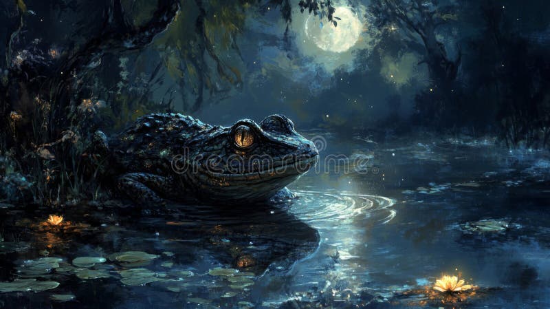 Large Dark Frog in Moonlit Swamp at Night Stock Illustration ...