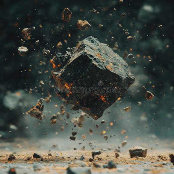 A Large, Dark Stone Cube Erupts in a Powerful, Explosive Release of ...