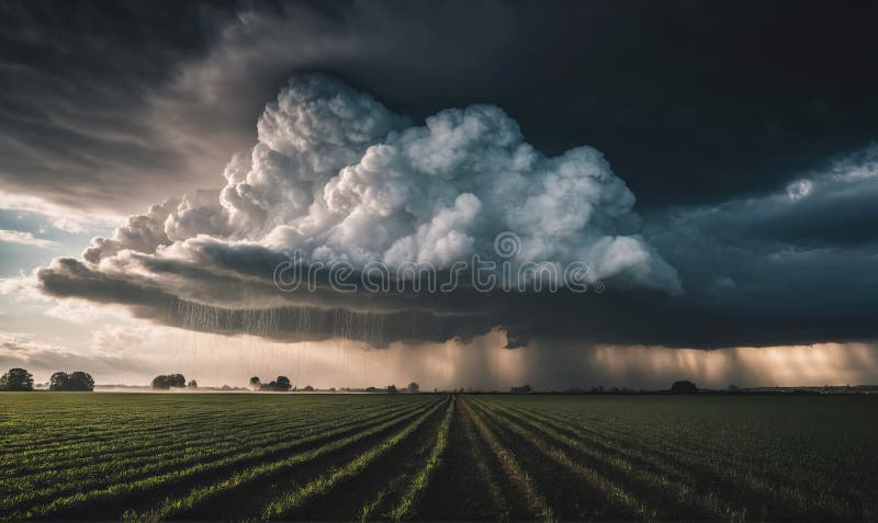 A Large, Dark Storm Cloud Hangs Over a Field of Crops, with Rain ...