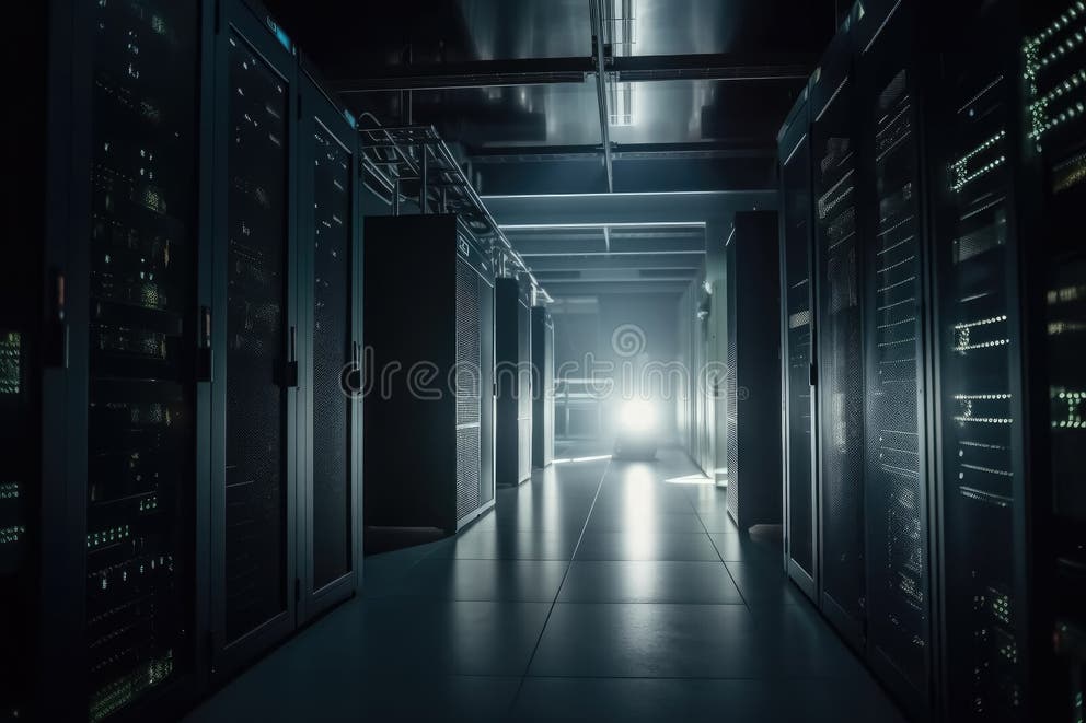 A Large Data Centre with Many Computer Racks in Dark Light with Some ...